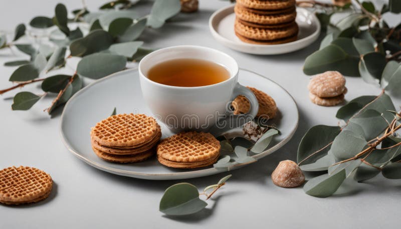 A Cup of Tea and a Plate of Cookies on a Table Stock Illustration ...