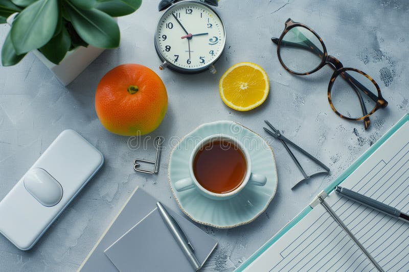 Cup of Tea, Red Apple, Clock and Glasses on Blue Table in Morning ...