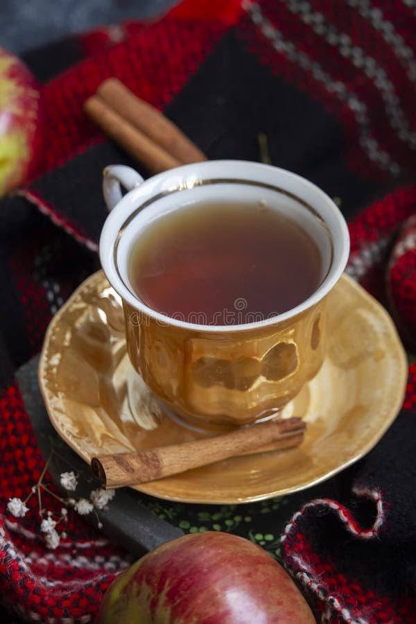 Cup of tea with red apple stock photo. Image of decoration - 123983982