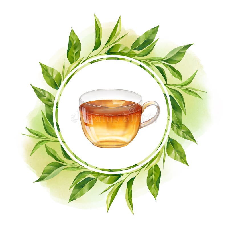 Cup of Tea and Round Frame with Tea Leaves. Hand Drawn Illustration ...