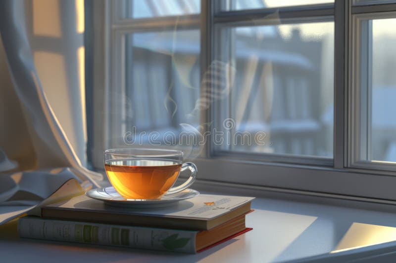 A Cup of Tea Sits Atop a Stack of Books, Perfect for a Cozy Reading ...