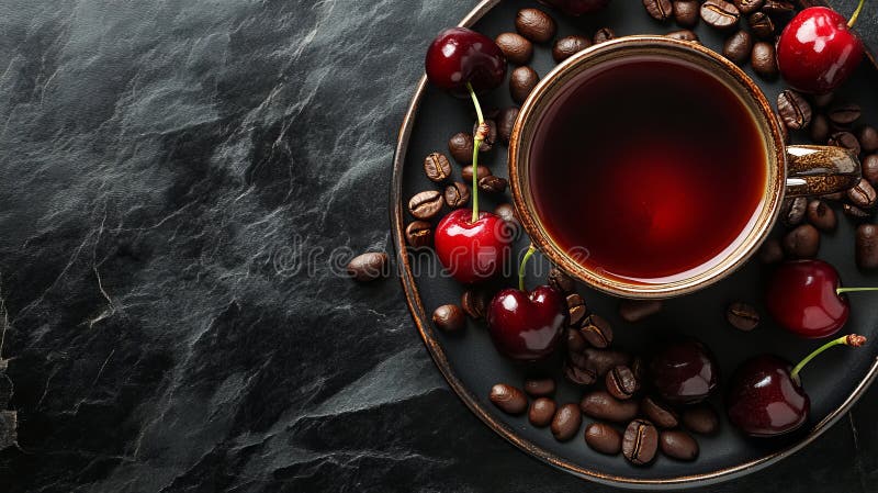A Cup of Tea Sits on a Black Table, Surrounded by Cherries, Green ...