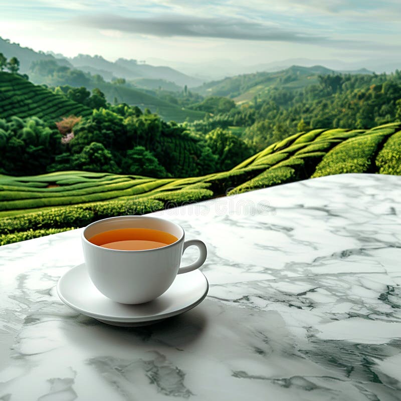 Tea with a View of Green Hills Stock Illustration - Illustration of ...
