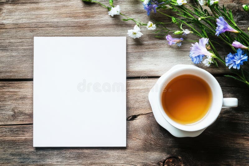 A Cup of Tea Sits Next To a Blank Piece of Paper, Ready for Writing or ...