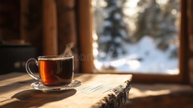 Cup of Tea Sitting on the Edge of a Table in a Cozy Winter Cabin Stock ...