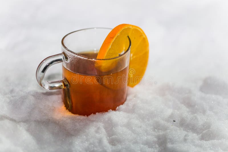 Cup of tea in snow stock image. Image of healthy, warm - 84590733