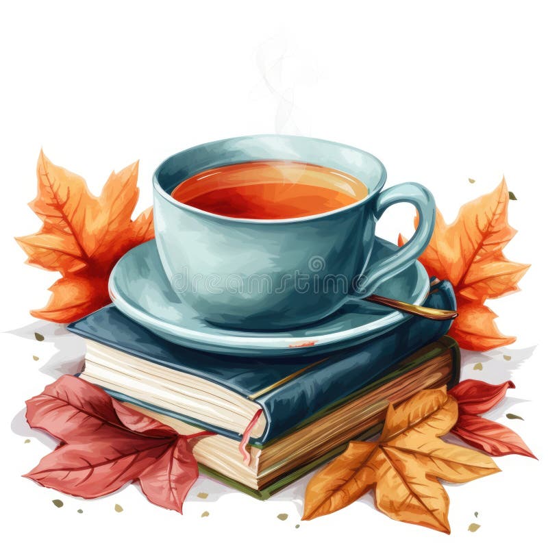 Cup of Tea on the Stack Books. Cozy Autumn Illustration. Hello Fall ...