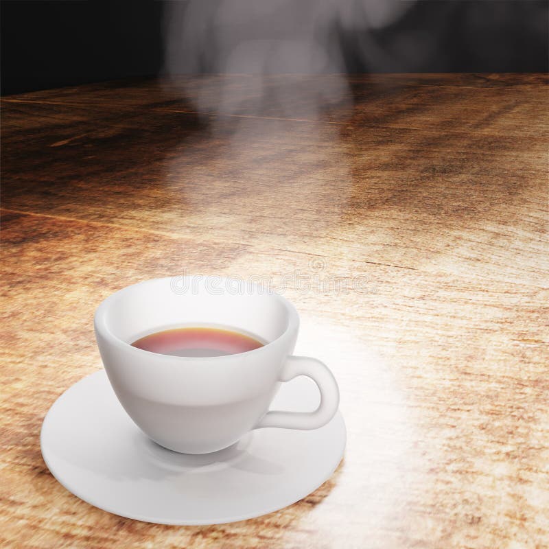 Cup of Tea with Steam on a Wooden Table, White Ceramic 3D Render Stock ...