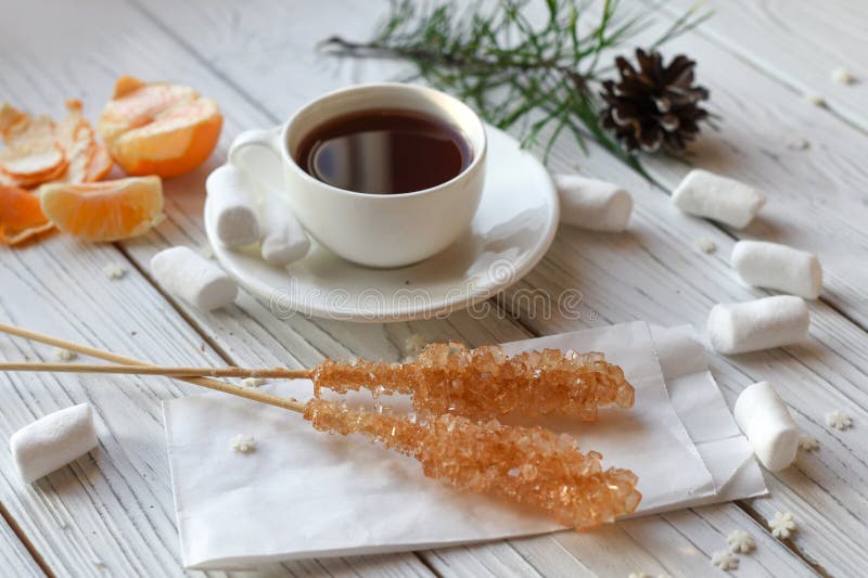 A Cup of Tea, Sticks with Sugar Cristals, Marshmallows and Some ...