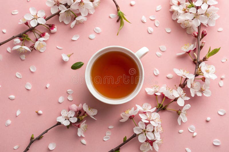 A Cup of Tea Surrounded by Cherry Blossoms on a Pink Surface, Creating ...
