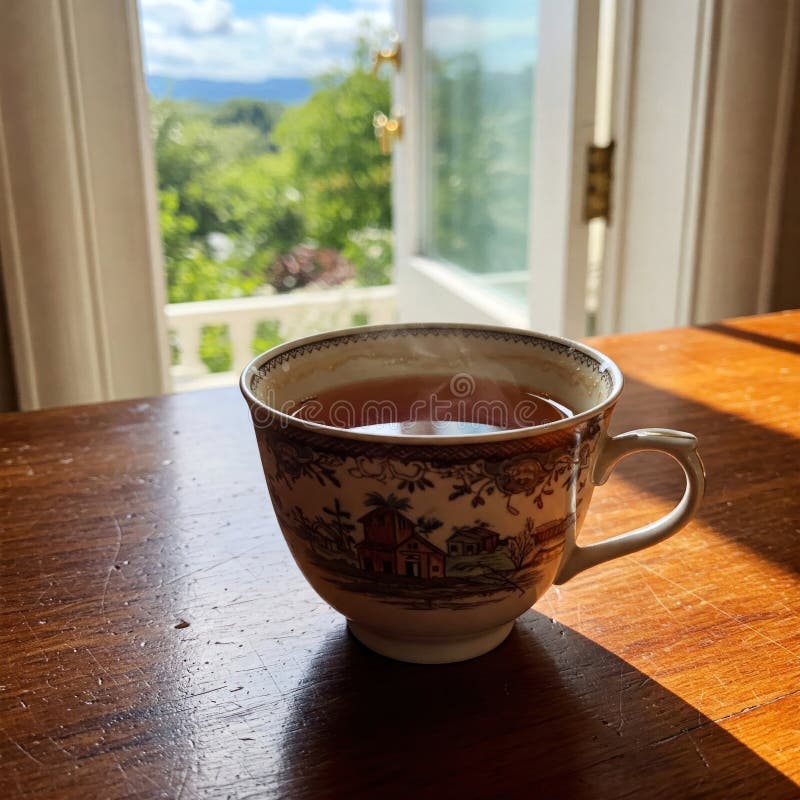 A Cup of Tea on the Table by the Open Window Overlooking the Garden ...