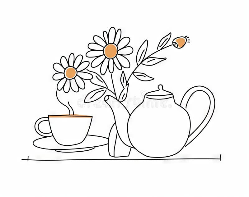 A Cup of Tea with a Teapot Outline Modern Illustration. Editable Stroke ...