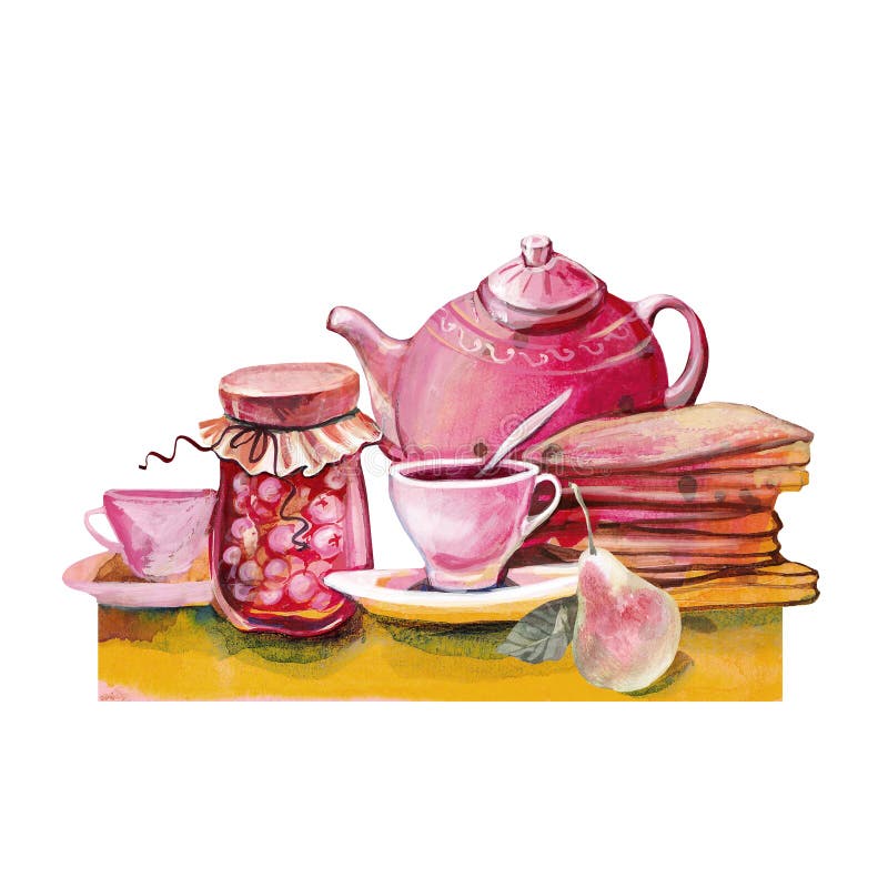 Cup of Tea, Teapot and Pancakes, Hand Drawing Bakery Composition Stock ...