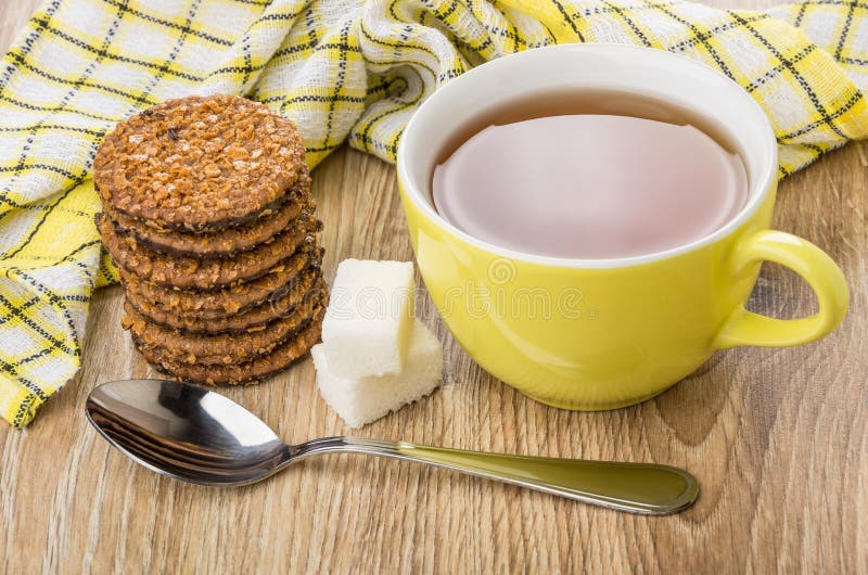 Cup of Tea, Teaspoon, Lumpy Sugar, Stack of Biscuits Stock Image ...
