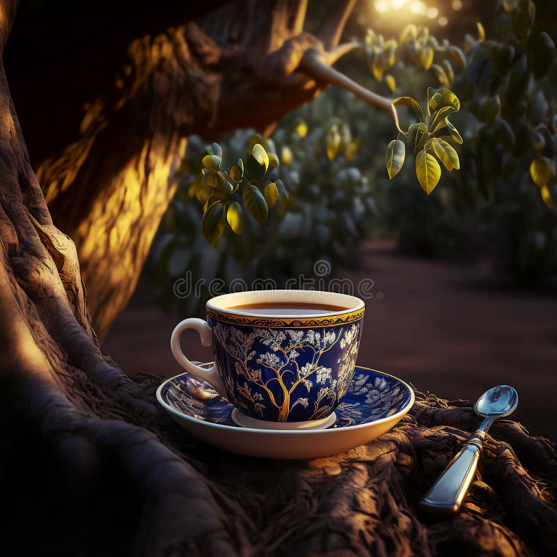 A Cup of Tea Under a Tree Digital Painting Stock Illustration ...