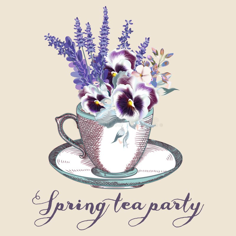 Cup of Tea with Vector Spring Flowers, Tea Party Stock Vector ...