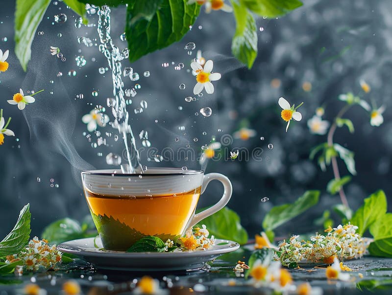 Tea cup with pouring water stock illustration. Illustration of boiling ...