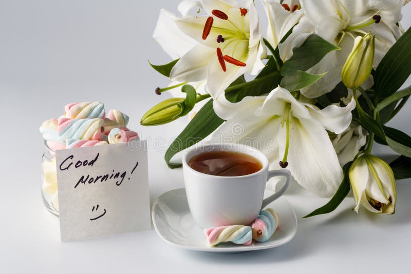 Cup of Tea, White Lily, Colored Marshmallow Stock Image - Image of ...