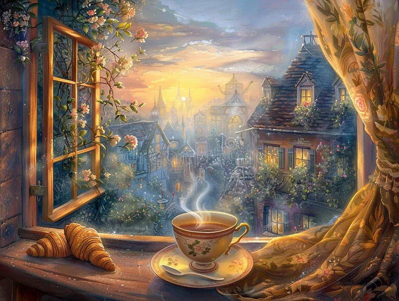 A Cup of Tea on a Window Sill Stock Illustration - Illustration of ...