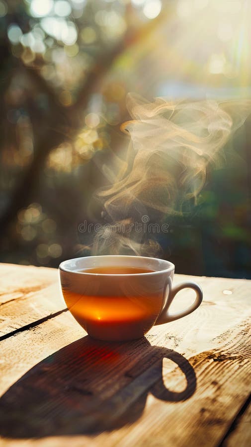 A Cup of Tea on a Wooden Table with Steam Rising from it Stock Image ...