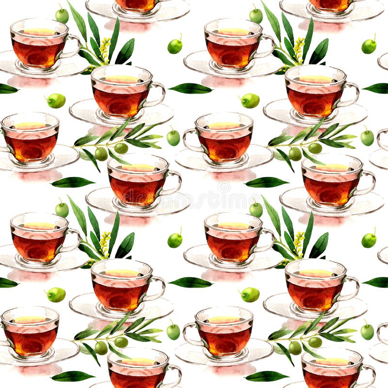 Cup of Tee with Olive Tree Pattern in a Watercolor Style Isolated ...