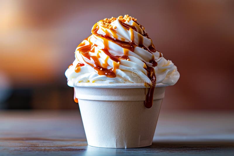 Cup of Vanilla Ice Cream with Caramel Topping and Drizzle. Generative ...