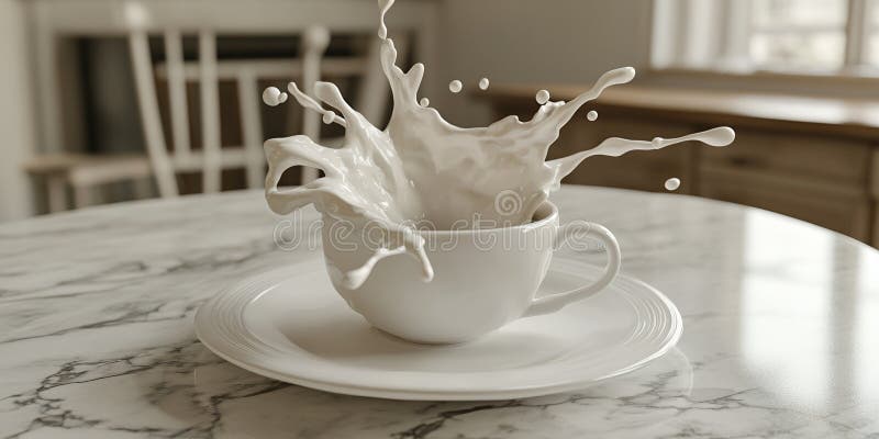A Cup of White Liquid Splashing on a Marble Table with a Plate in a ...