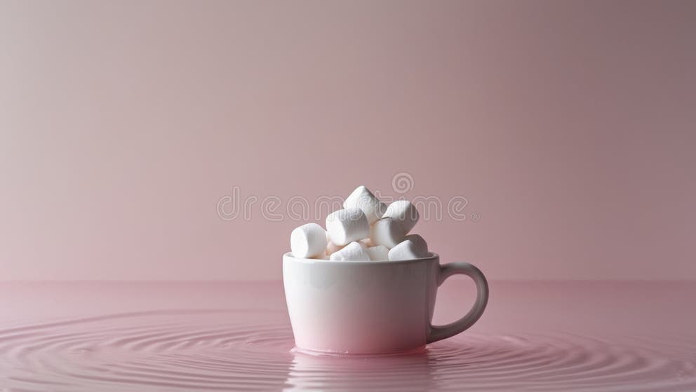 Cup of White Marshmallows Floating on Pink Surface Background Stock ...
