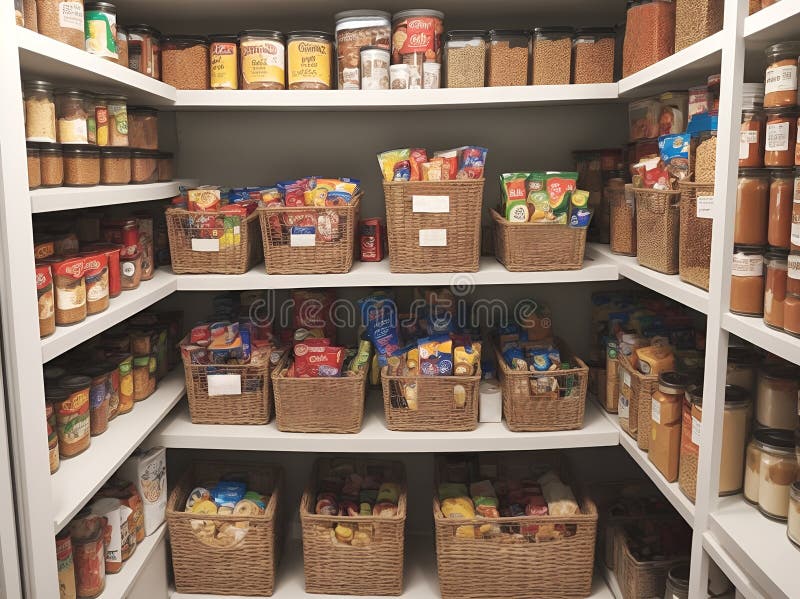 Cupboard with Jars and Wicker Baskets with Food Packages Stock ...