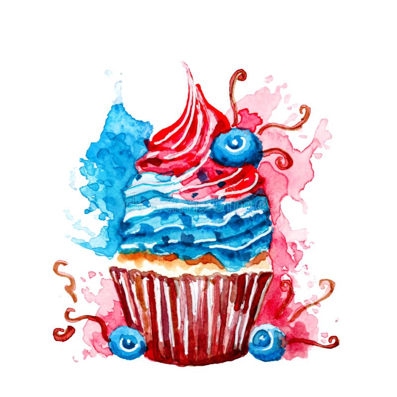 Cupcake with Blue Berries Watercolor Hand Drawing Stock Illustration ...