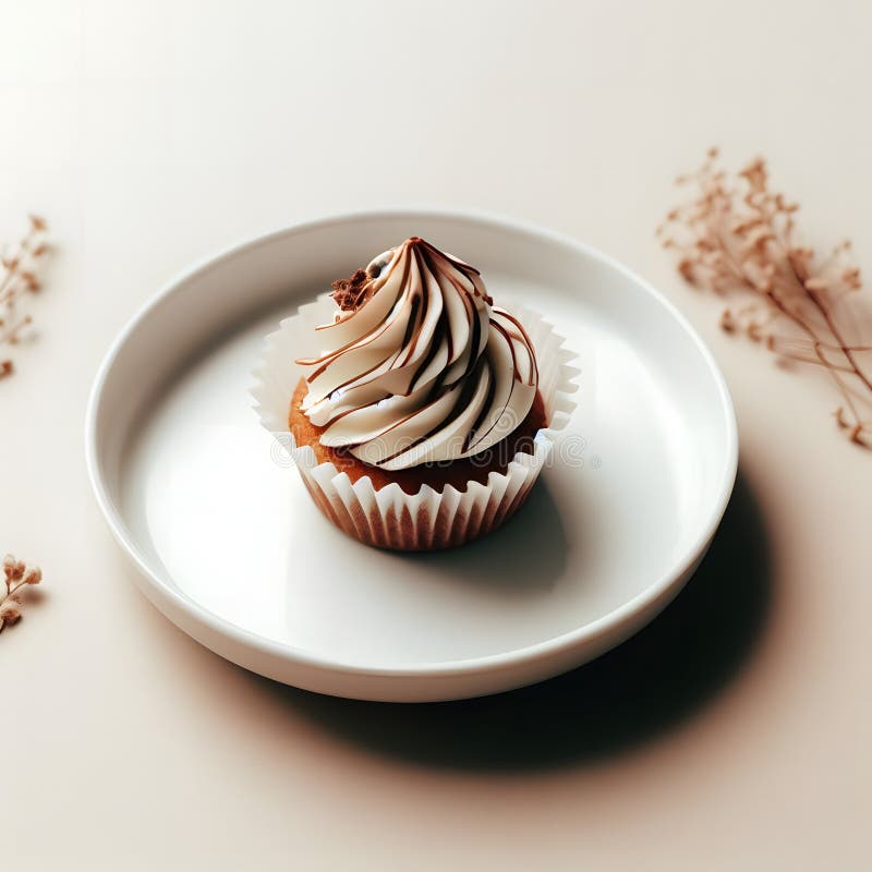 Cupcake with Chocolate Cream on a White Plate on a White Background ...
