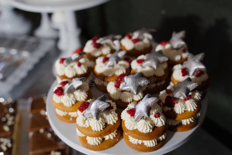 Cupcake with Cream Cheese, Raspberries and Silver Stars on a Dark ...