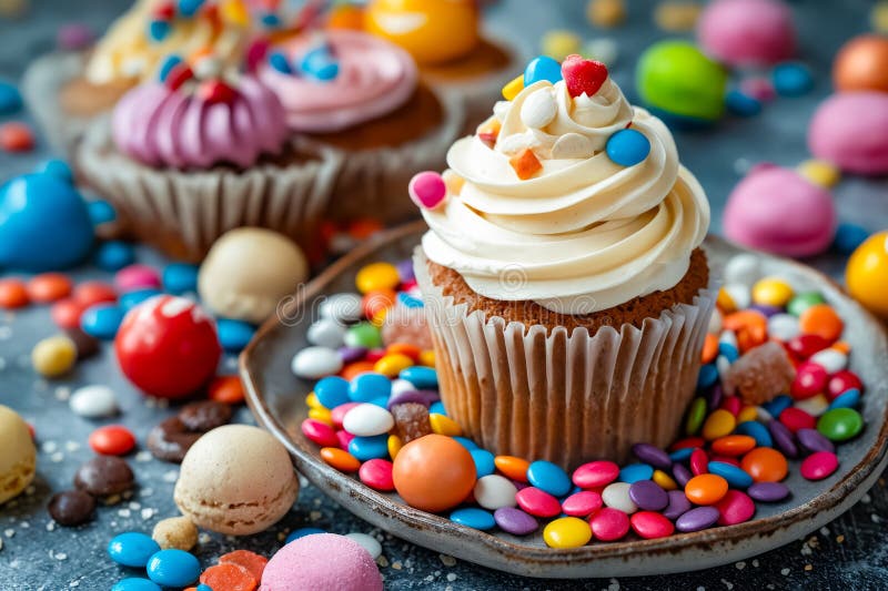 A Cupcake with Frosting and Colorful Candies on a Plate Stock Image ...