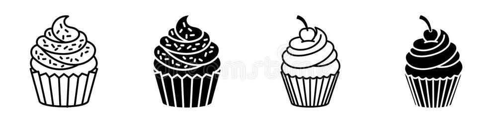 Cupcake Icons Versions Set in Black Flat and Line Style Stock Vector ...