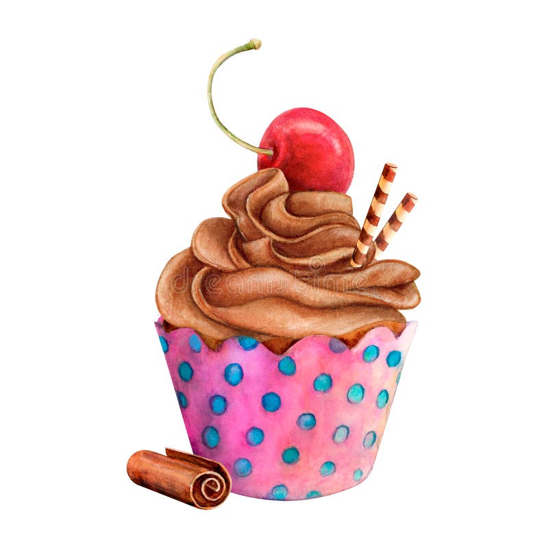 Cupcake Muffin Cream Watercolor Drawing Chocolate Dotted Nice Paper