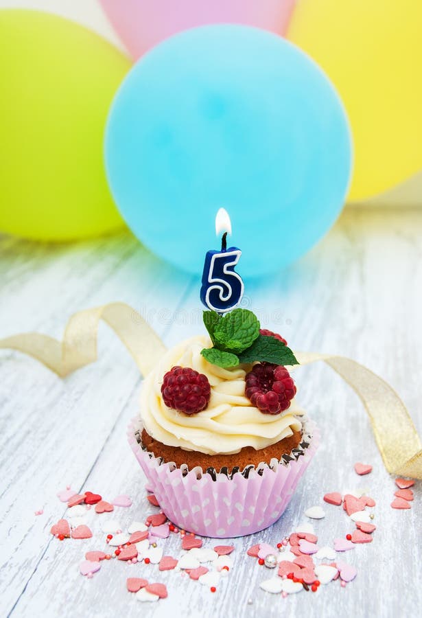 Cupcake with a Numeral Five Candle Stock Image - Image of celebrate ...