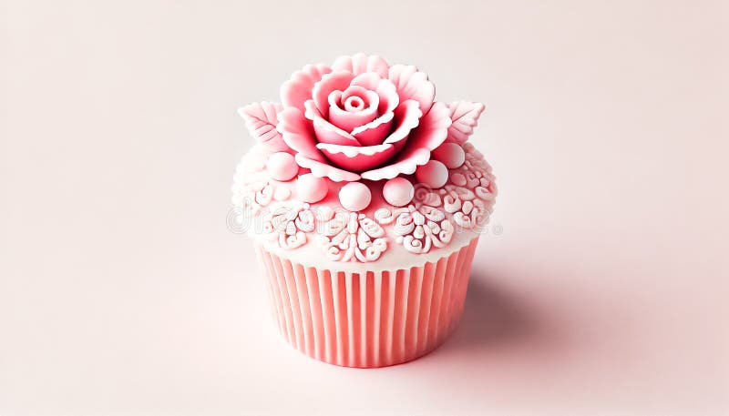 Cupcake with Pink Fondant Rose and Patterns Stock Photo - Image of ...
