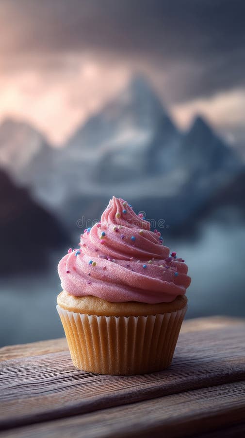 Cupcake with Pink Frosting and Sprinkles on a Wooden Table in a ...
