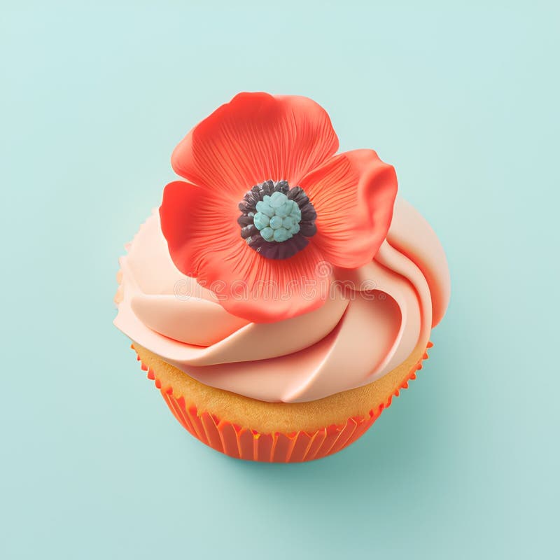 Cupcake with Poppy Flower on Pastel Blue Background. Minimal Style ...
