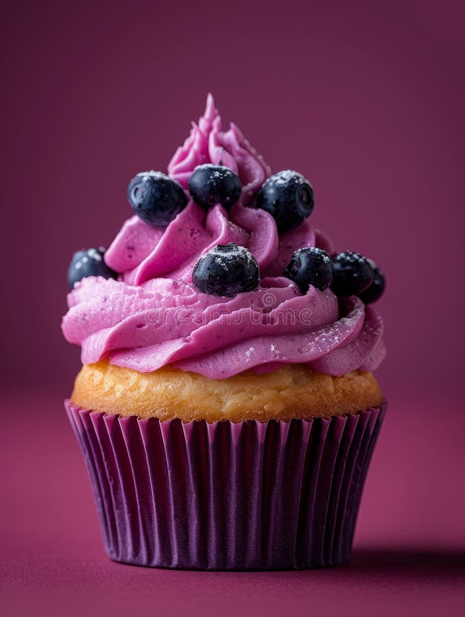 Cupcake with Purple Icing and Blueberries on Purple Background. Stock ...