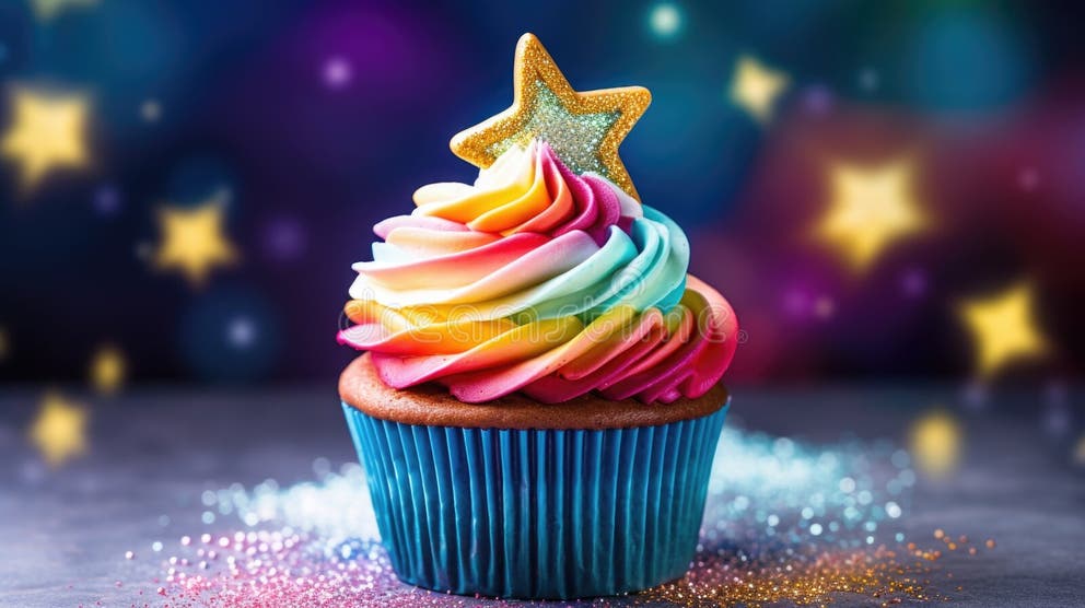 A Cupcake with Rainbow Frosting and a Star on Top. Stock Illustration ...