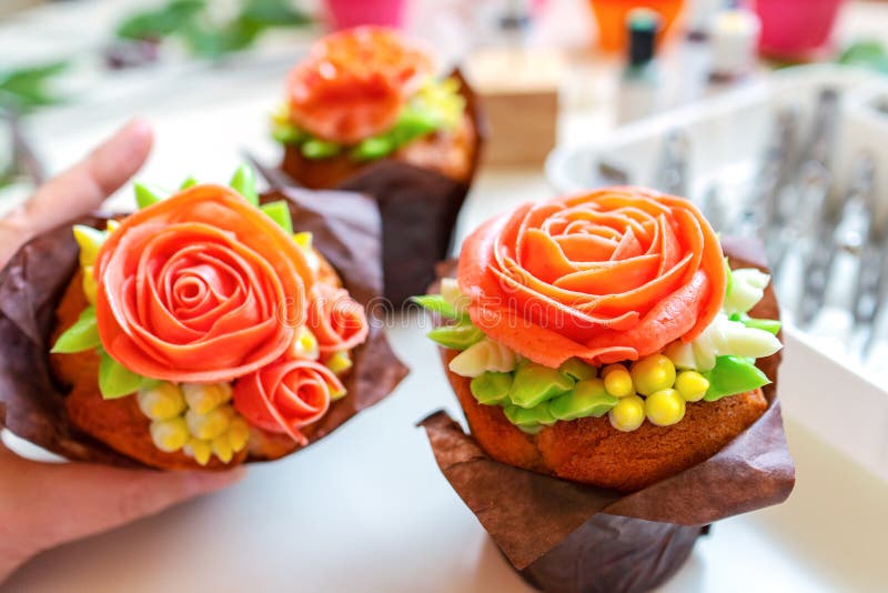 Cupcake with Rose, from Korean Buttercream, Dessert Stock Photo - Image ...