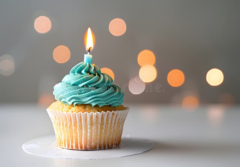 Teal Frosting Cupcake with Lit Candle on White Table Stock Illustration - Illustration of ...