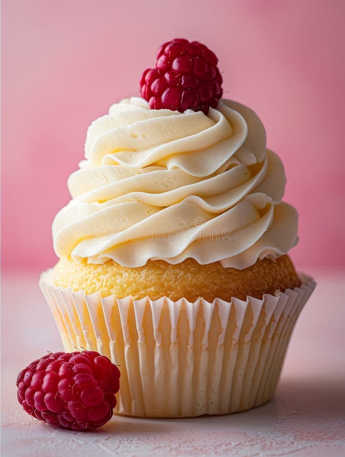 Cupcake Topped Creamy Frosting Raspberry Pink Background Stock Photos ...