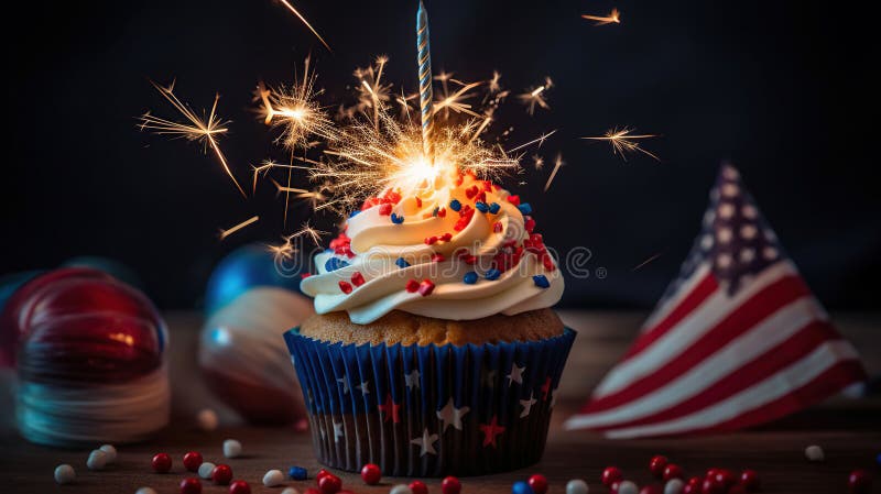 Cupcake Usa Celebration with American Flags and Sparkler, Generative Ai Stock Image - Image of ...