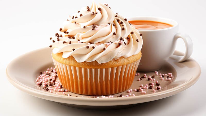 Cupcake in White Ceramic Plate Isolated on White Stock Image - Image of ...