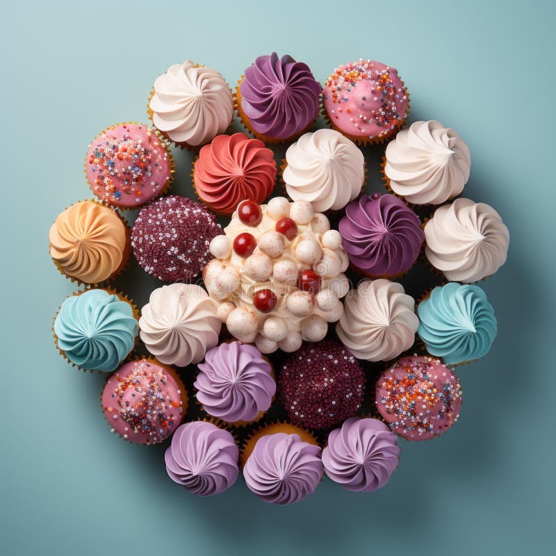 Cupcakes Arranged in a Circle on a Blue Background Stock Illustration ...