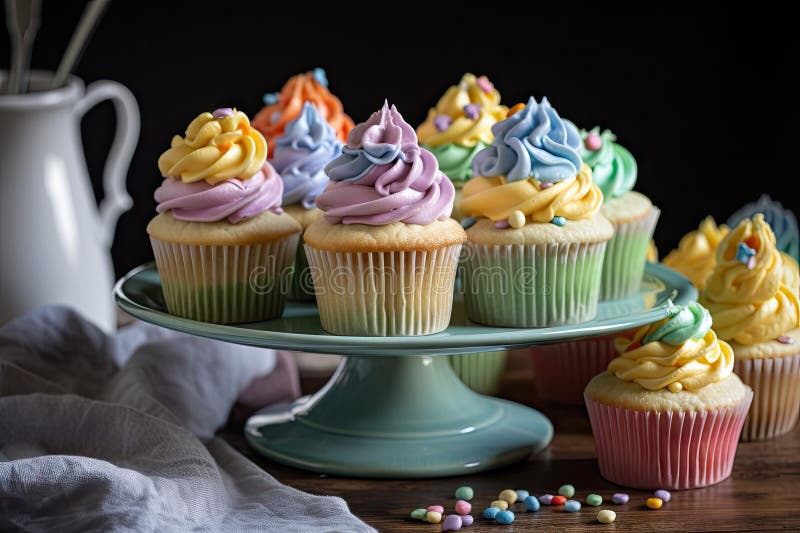 Cupcakes on a Cake Stand, with an Array of Pastel and Colorful ...