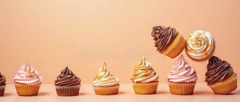 Cupcakes Cascading in a Spiral with Chocolate and Caramel Drizzle Stock ...