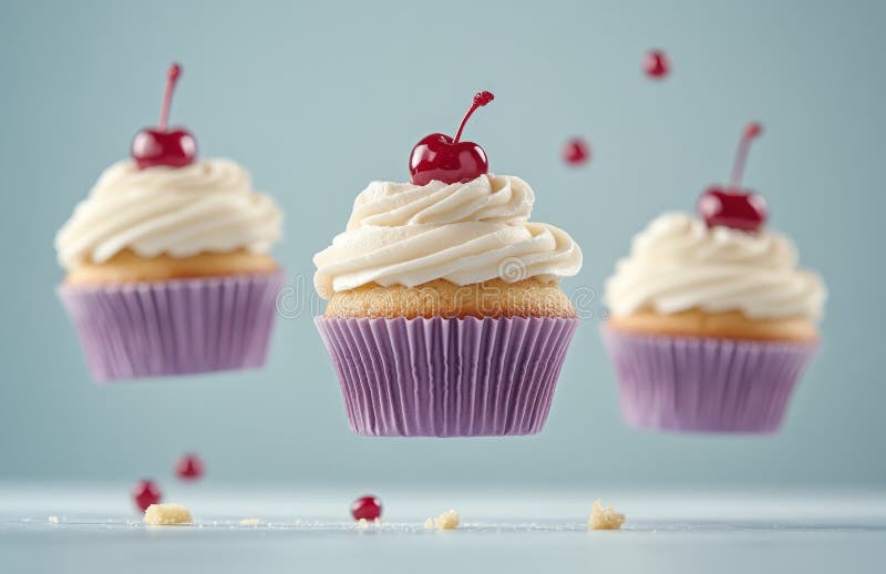 Cupcakes with White Frosting and Cherry Flying in the Air in Sharp ...